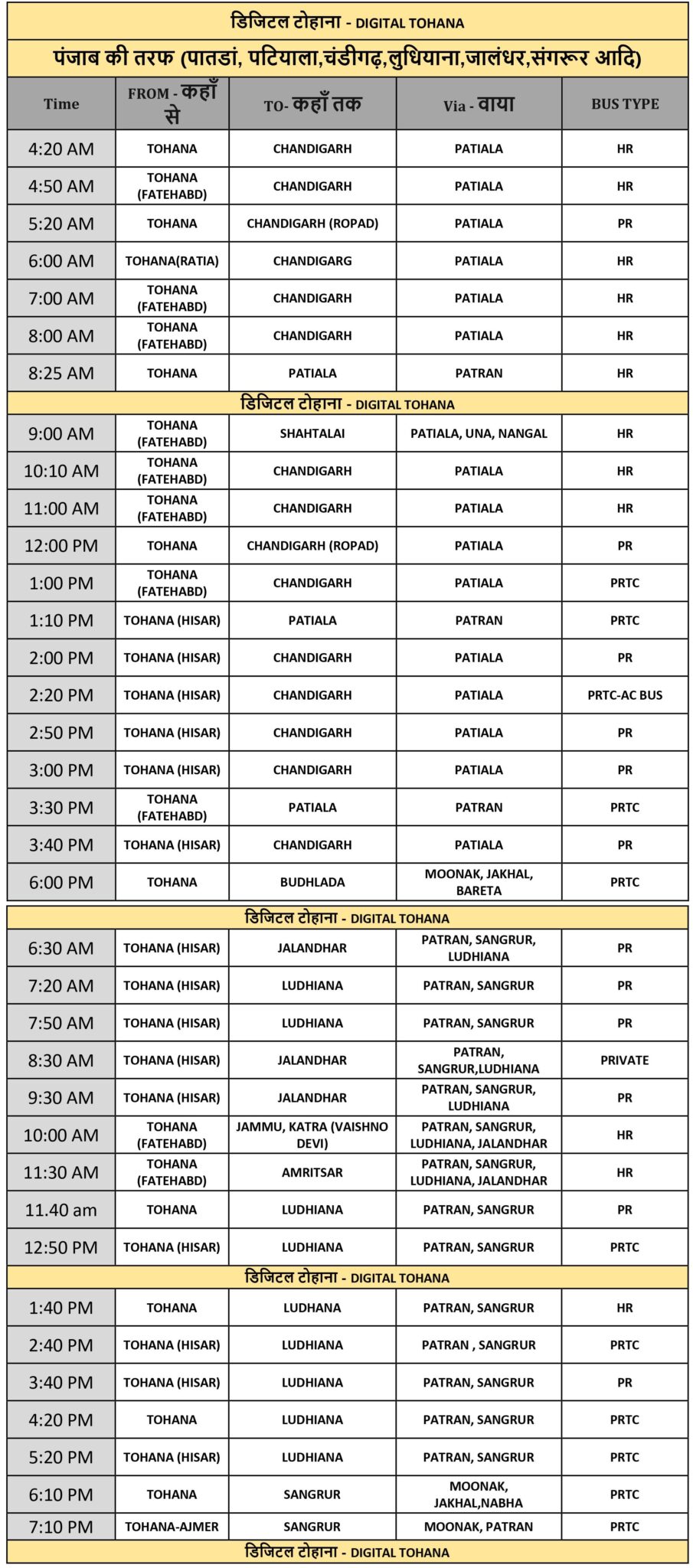 TOHANA BUS STAND TIME TABLE – Digital Tohana