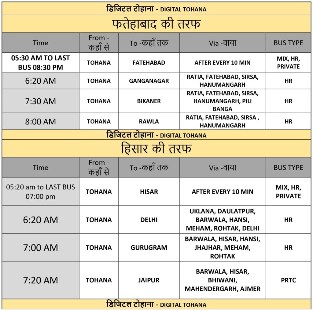 TOHANA BUS STAND TIME TABLE – Digital Tohana